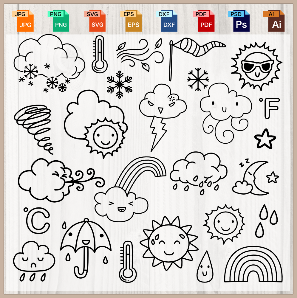 Weather Icon Bundle Outline Vector Designs | Engraving, Etching, Path ...