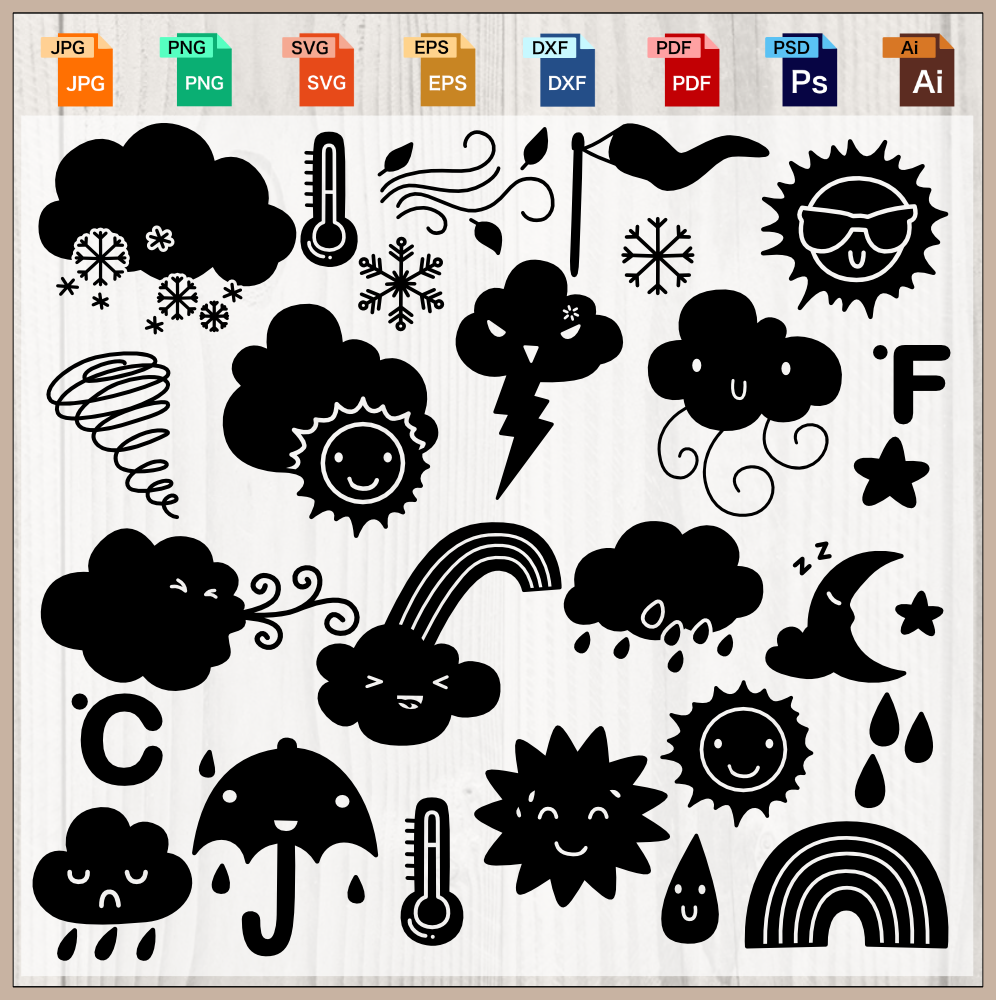 Weather Icon Silhouette Bundle SVG Designs | Stencil, Decal, Path ...